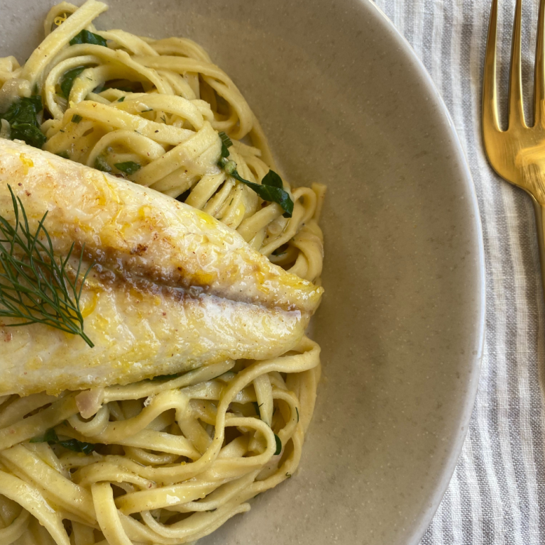 Pan Fried Gurnard with Linguine in a Hummus and Dill Sauce - Pasta Vera